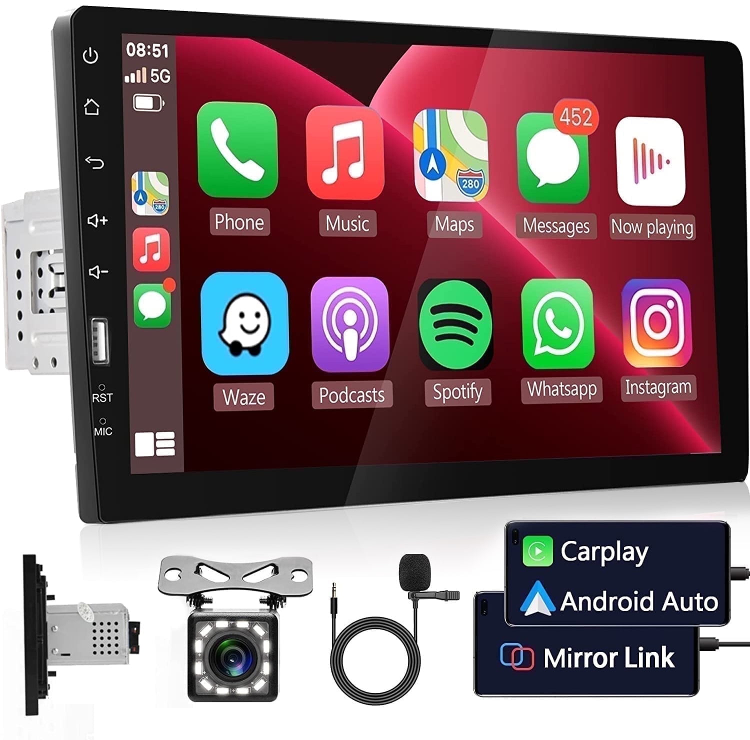 9'' Universal Single Din Touch Screen Car Stereo with CarPlay Android ...