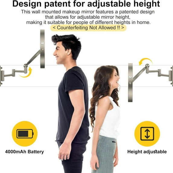 9" Wall Mounted Lighted Makeup Mirror,4000mAh Rechargeable Double Sided 1X/10X Magnifying Mirror ...