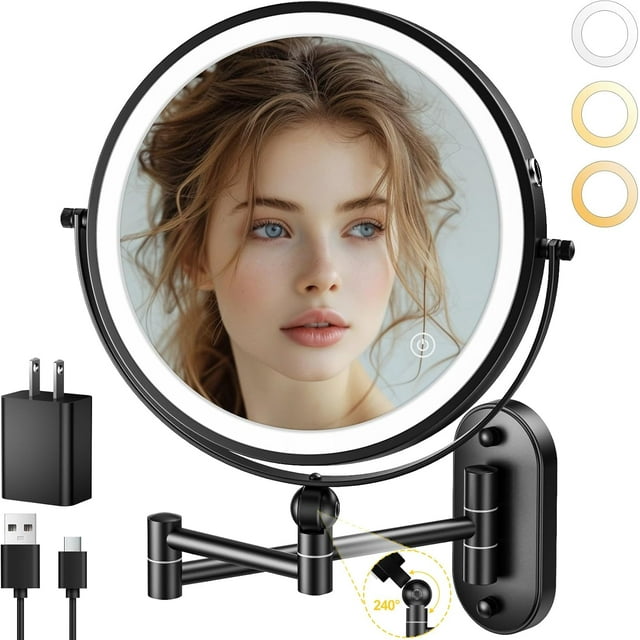 9" Wall Mounted Lighted Makeup Mirror, 4000mAh Rechargeable Double Sided 1X/10X Magnifying ...