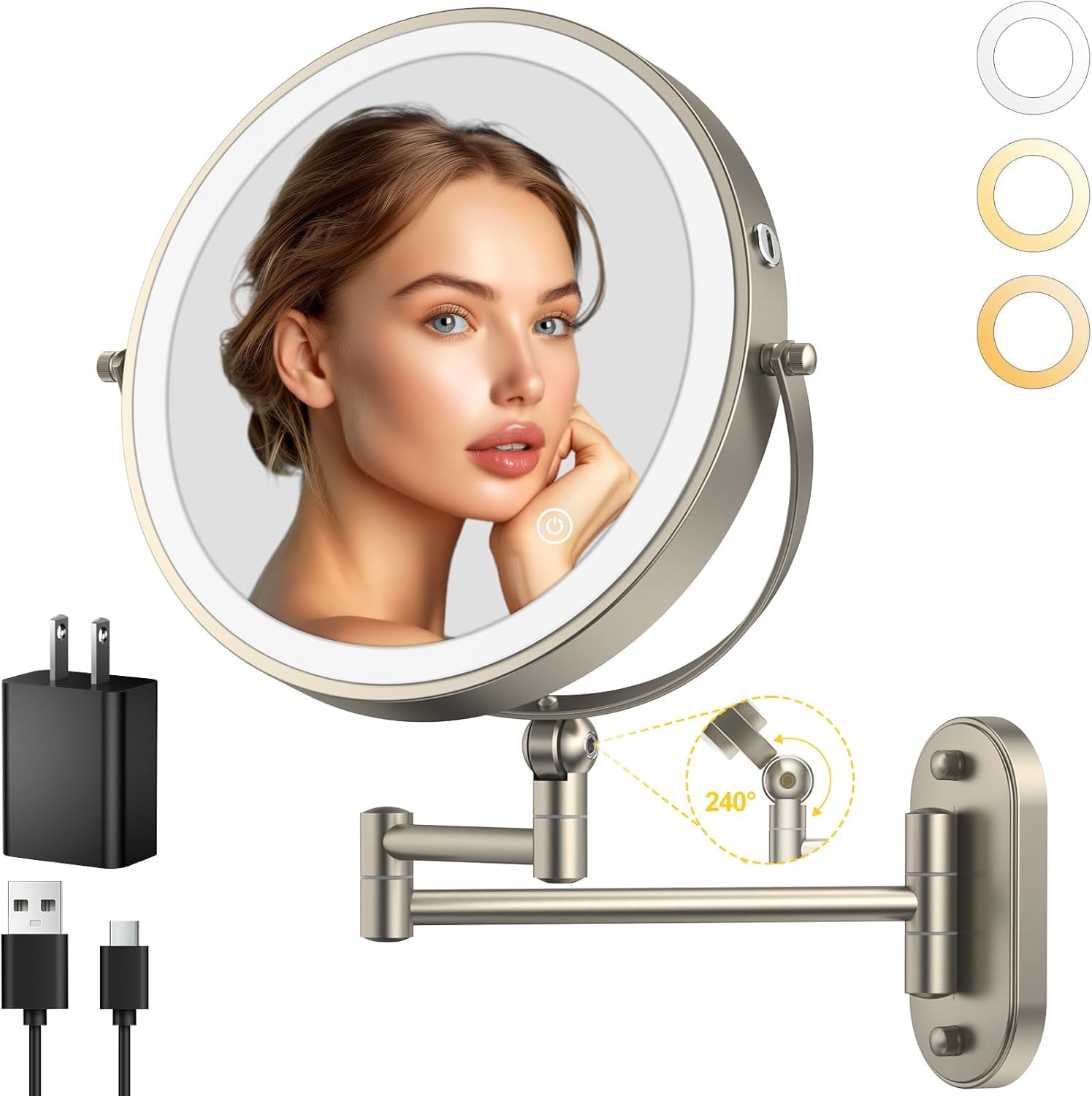 9" Wall Mounted Lighted Makeup Mirror,4000mAh Rechargeable Double Sided 1X/10X Magnifying Mirror ...