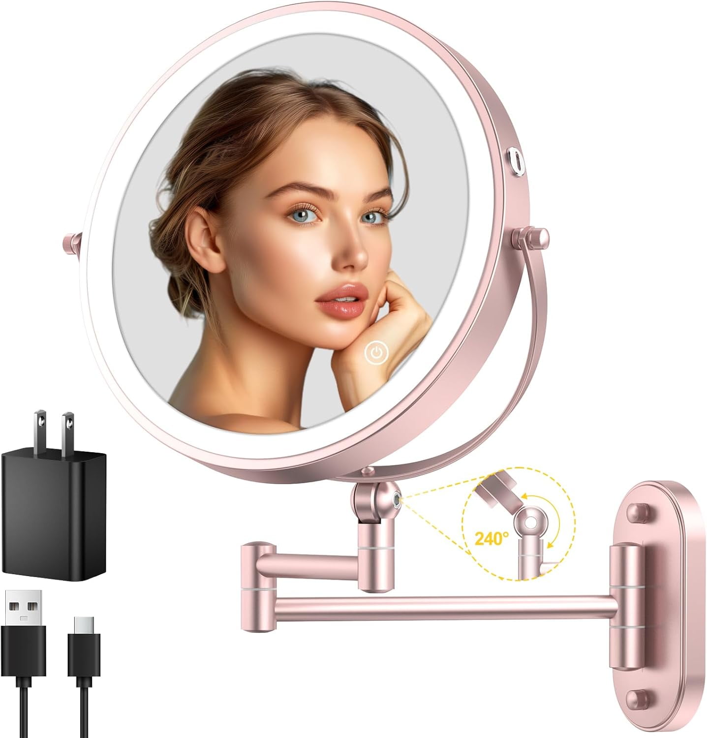 9" Wall Mounted Lighted Makeup Mirror,4000mAh Rechargeable Double Sided 1X/10X Magnifying Mirror ...