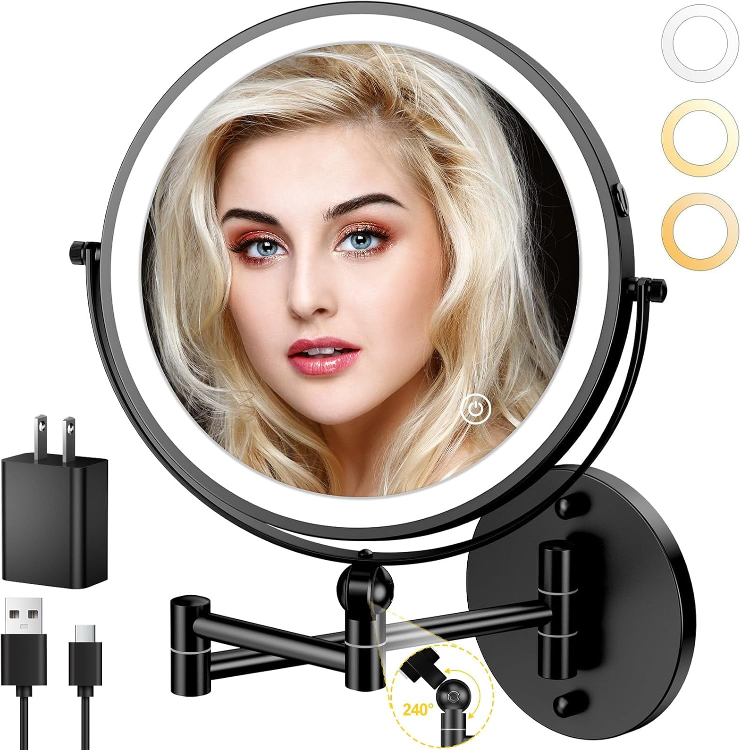 9" Wall Mounted Lighted Makeup Mirror,4000mAh Rechargeable Double Sided 1X/10X Magnifying Mirror ...