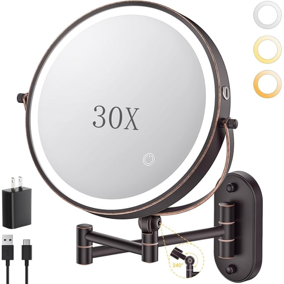 9" Wall Mounted Lighted Makeup Mirror,4000mAh Rechargeable Double Sided ...