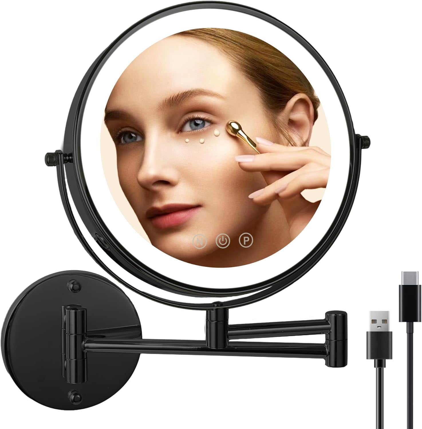 9" Wall Mounted Lighted Makeup Mirror with Magnification, 1X/10X Magnifying Vanity Mirror with 3 ...