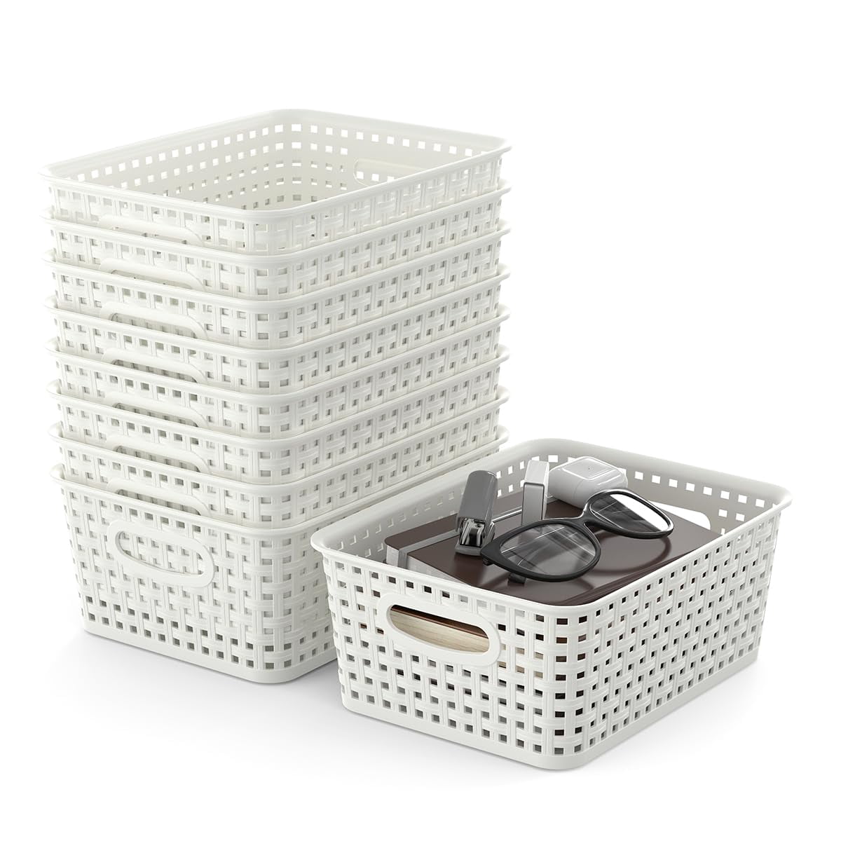 9 White Plastic Woven Storage Baskets For Home And Office Organizing ...