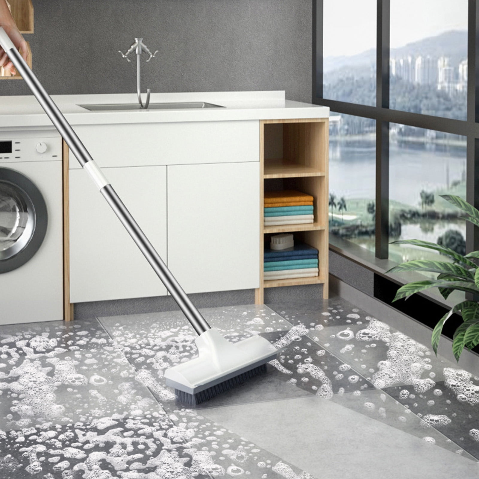 9" Wide Floor Scrub Brush with Long Handle, 2 in 1 Deck Scrub Brush ...