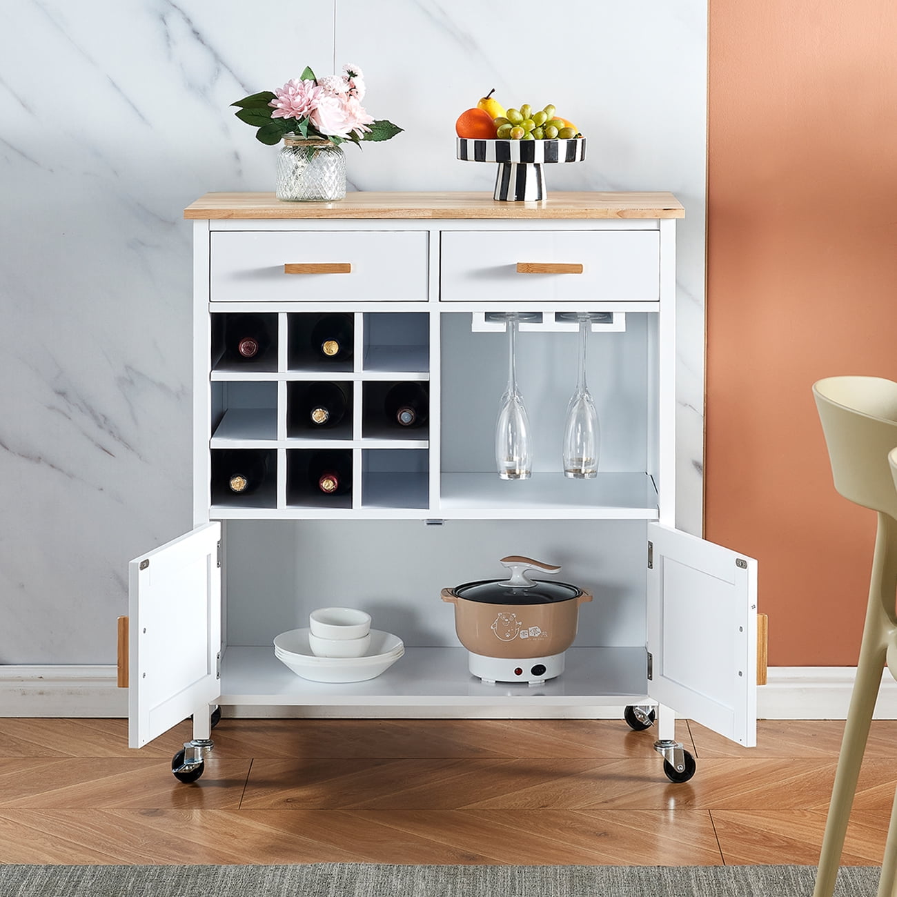 9 Wine Cabinet Display Kitchen Wooden Cart On Wheels with Storage ...