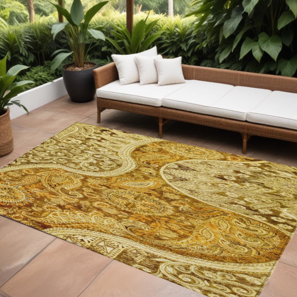 9' X 12' Terra Cotta Brown And Gold Floral Medallion Washable Indoor ...