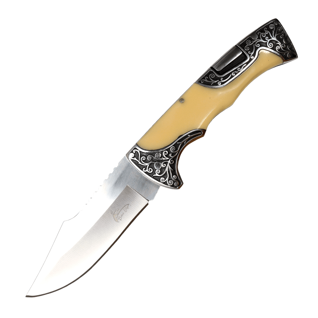 TheBoneEdge 9" Yellow Jade Resin Handle Engraved Design Folding Knife ...