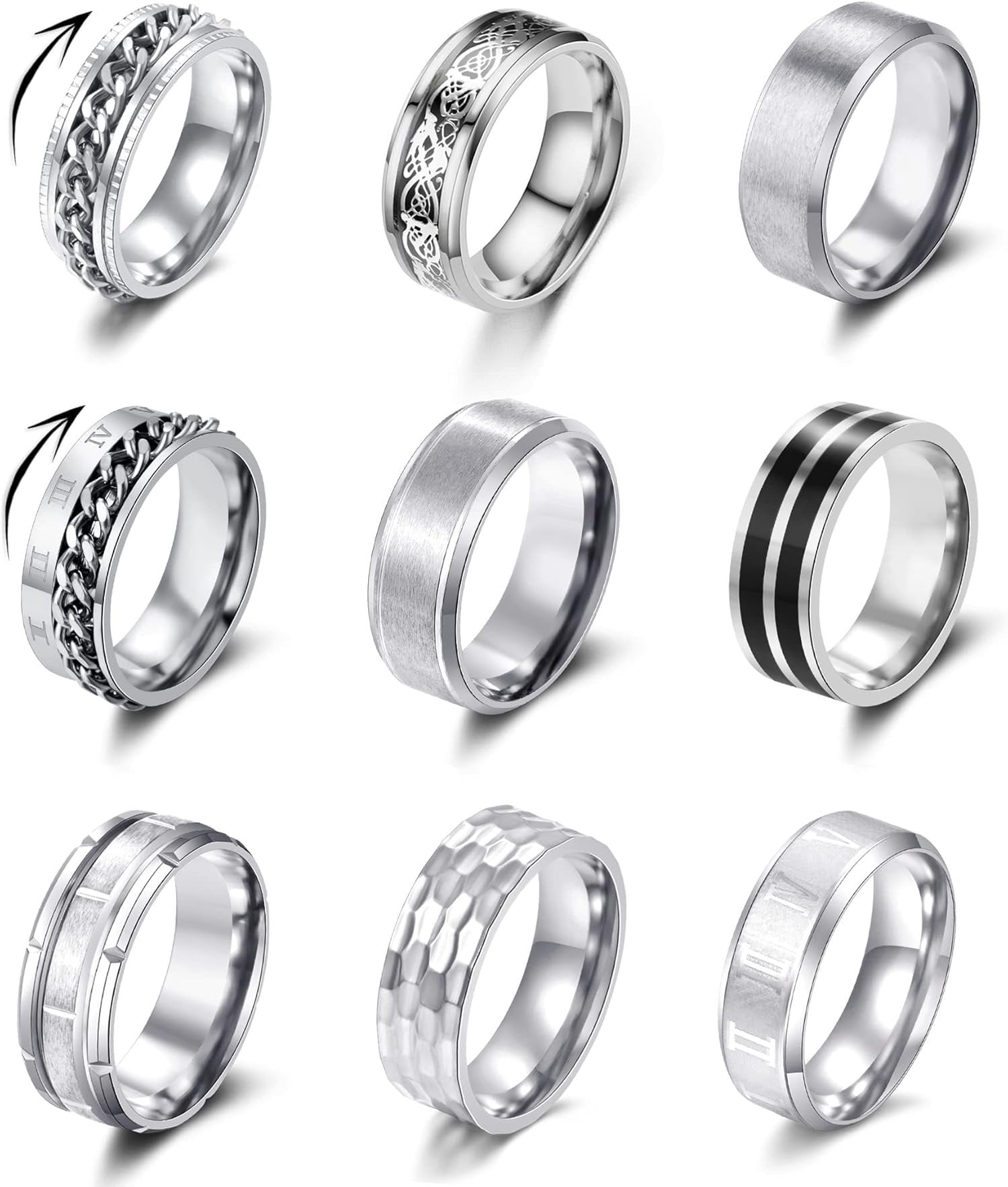 9 count Stainless Steel Band Rings for Men Women Fidget Rings Spinner ...