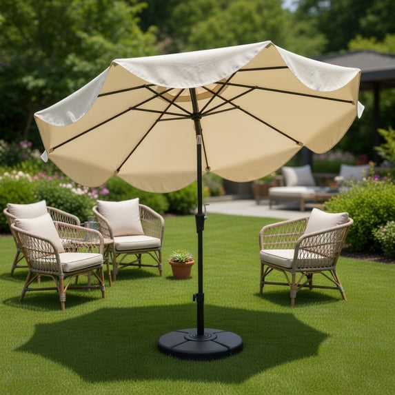 9 ft Crank-Operated Patio Umbrella with Push-Button Tilt, Beige & Navy ...