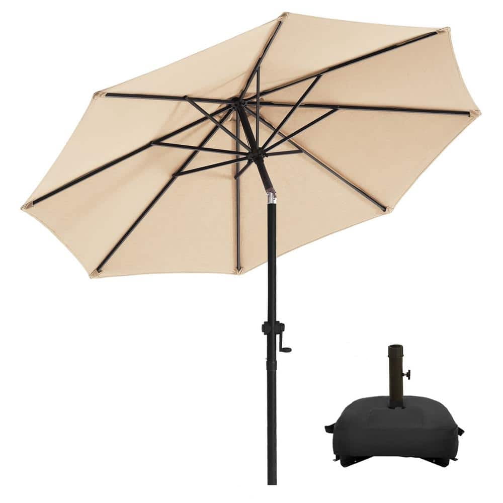 9 ft. Market Patio Umbrella with Base and Push Button Tilt in Beige ...