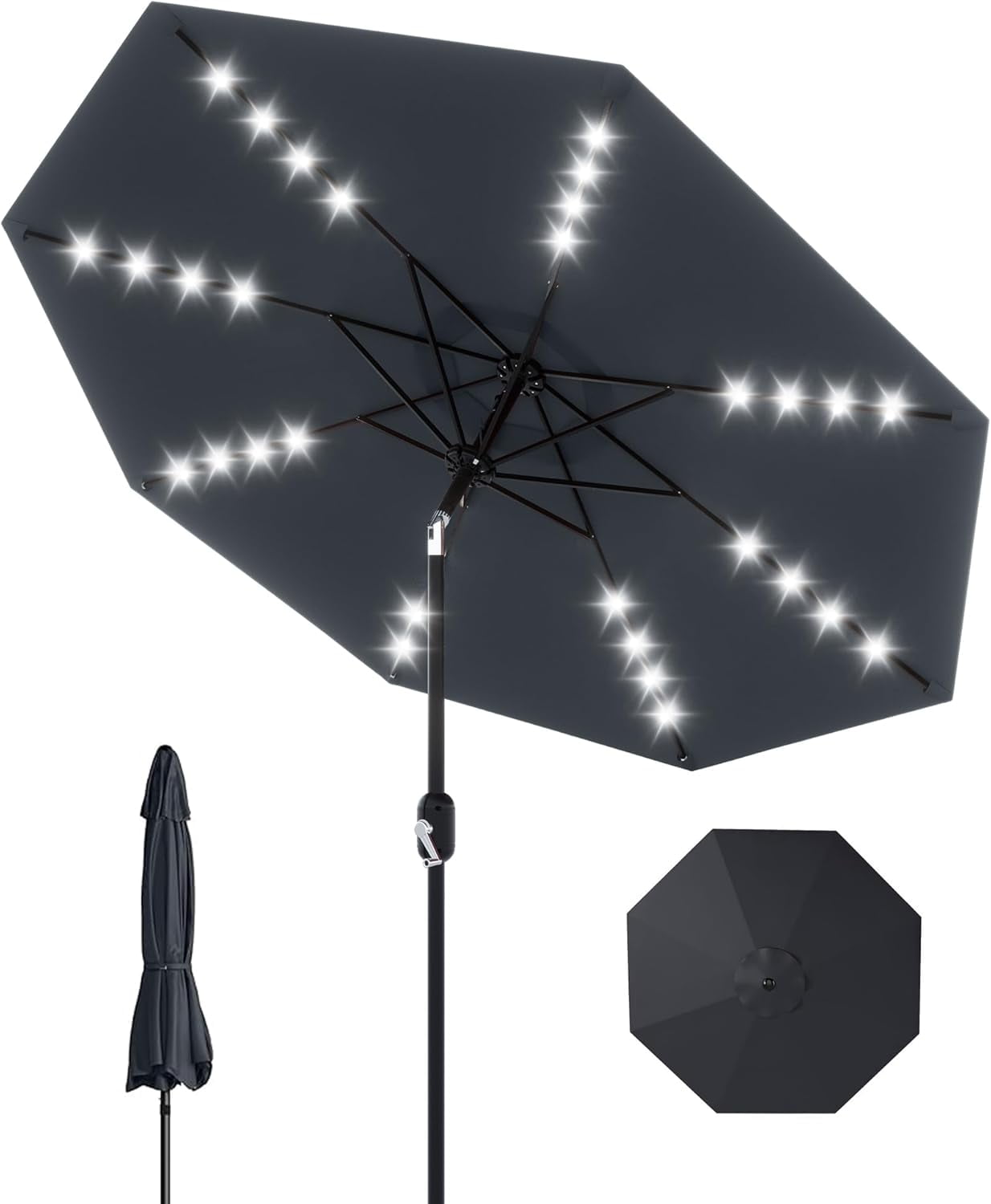 9 ft Patio Umbrella with Solar Lights, 8 Ribs Outdoor Market Table ...
