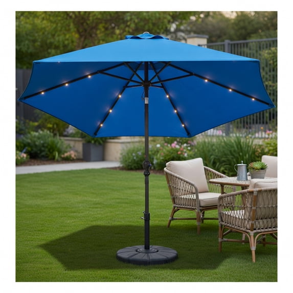 9 ft Solar LED Patio Umbrella with Hand-Crank Lift & Tilt,Blue, Beige ...