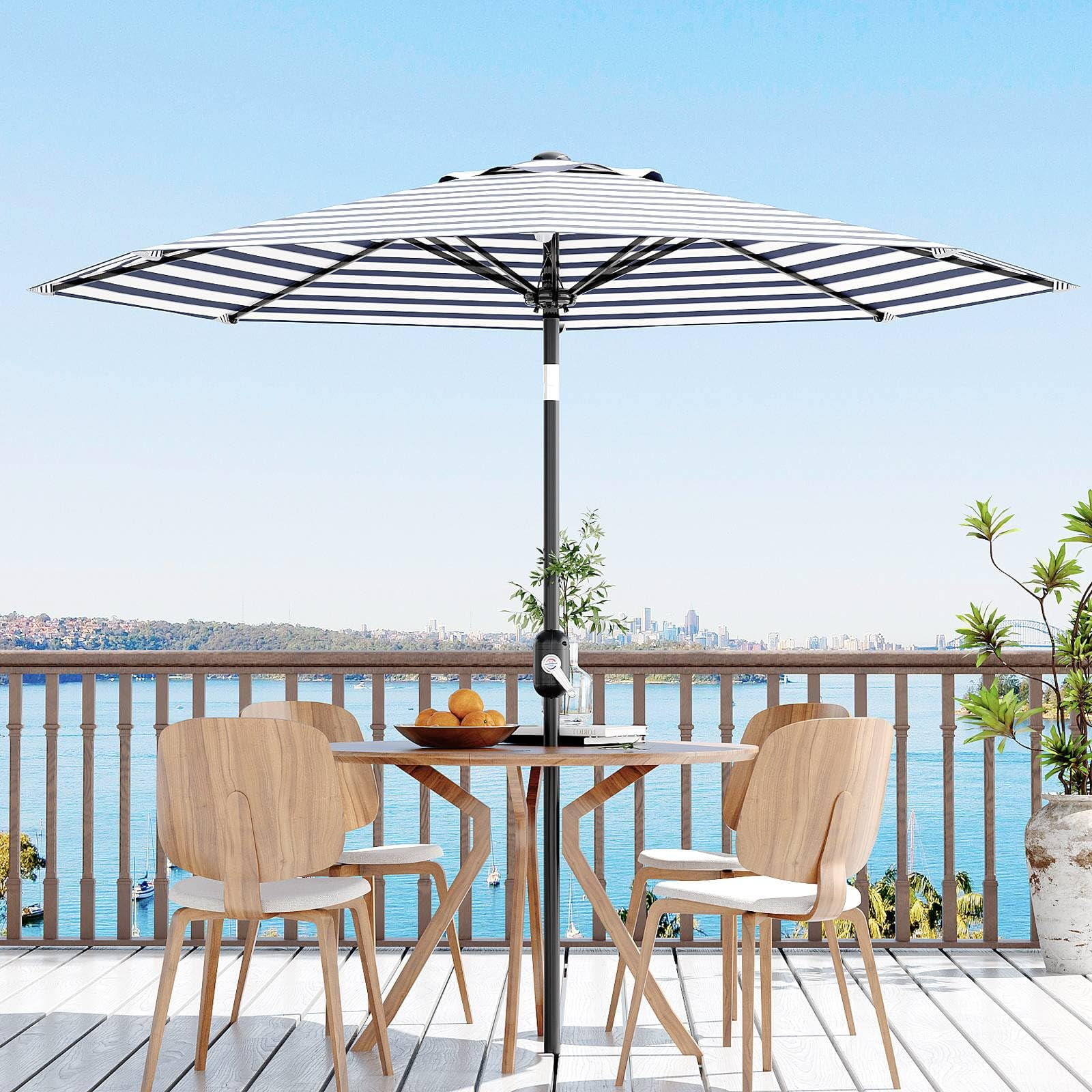 9 ft Striped Patio Umbrella, Table Market Umbrella with Push-Button ...