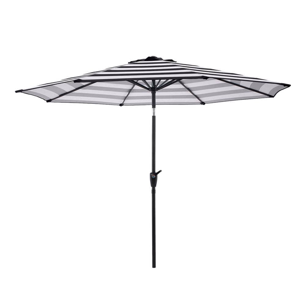 9 ft. Striped Patio Umbrella with Push Button Tilt in Black and White ...