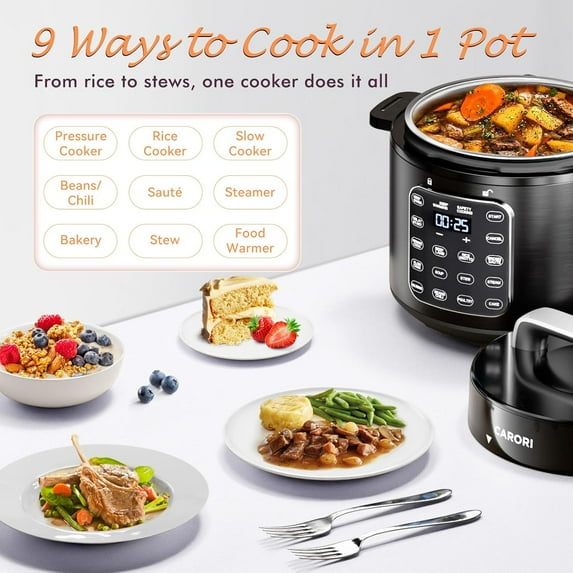 9-in-1 Electric Pressure Cooker 6 Quart Black, Stainless Steel Pot, 12 ...