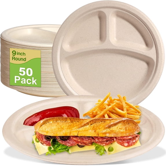 PHYSUN-9 inch 3 Compartment Paper Plates - 50 Pack, Heavy Duty, Divided ...