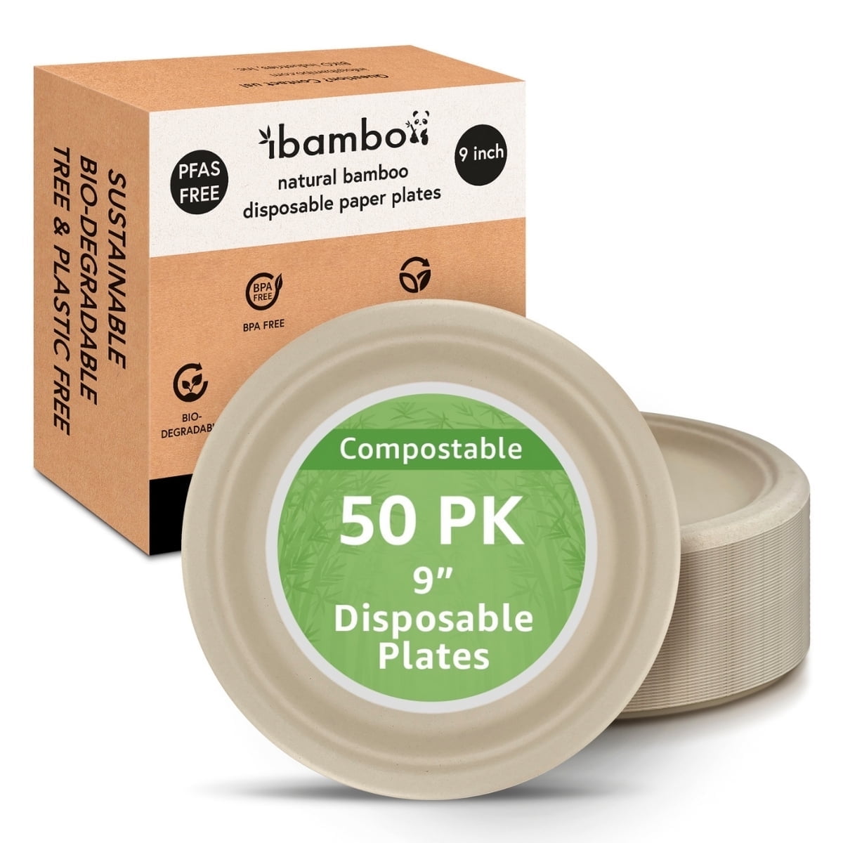 Ibambo Bamboo Disposable Plates, Compostable Paper Plates, 9-in., 50 ...
