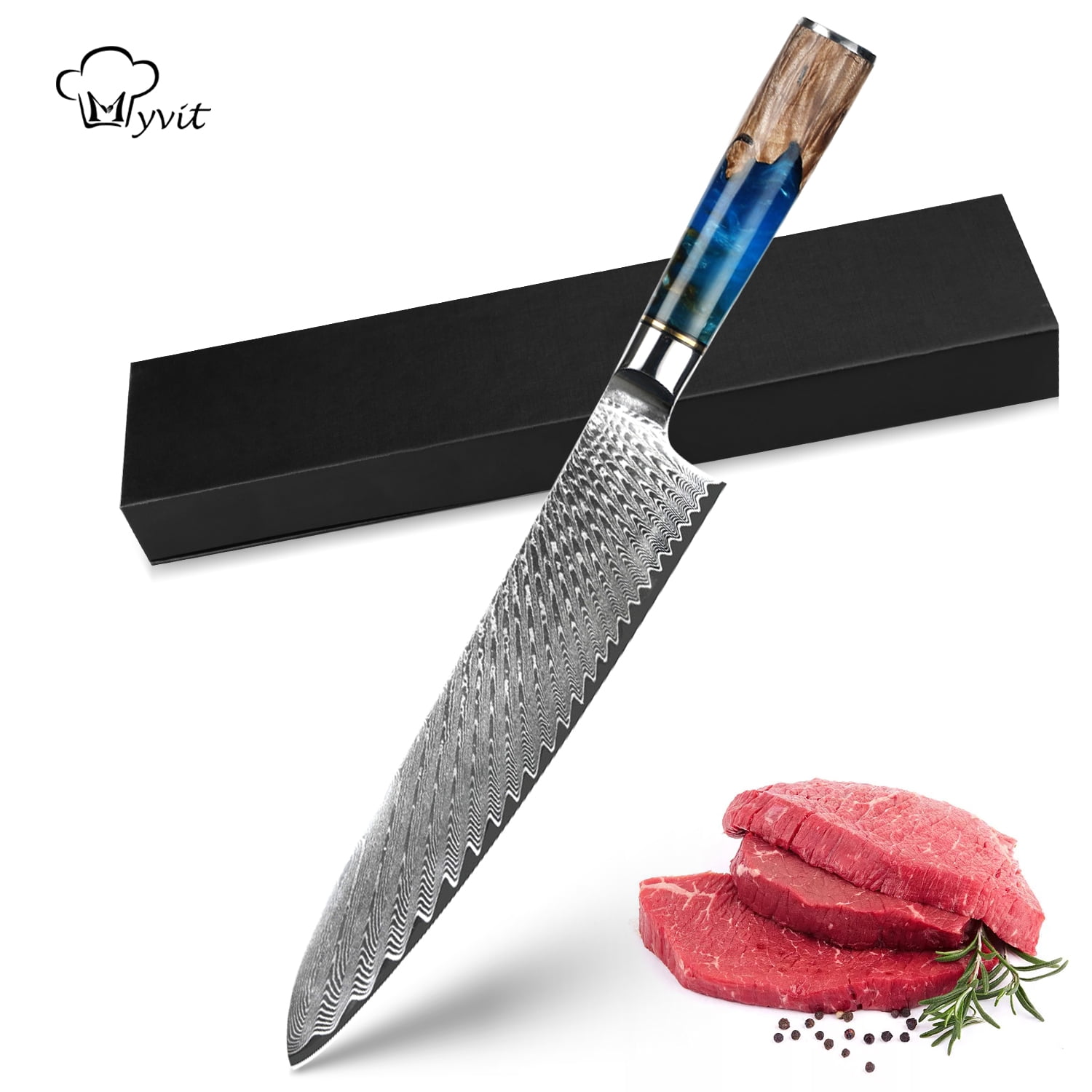 9 inch Kitchen Damascus Steel VG10 Chef Knife Blue Resin and Color Wood ...
