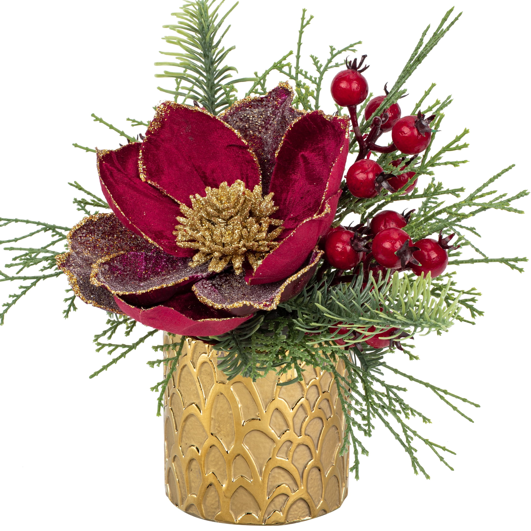 9 inch Red Christmas Table Centerpiece 5" Glitter Magnolia Flower and ...