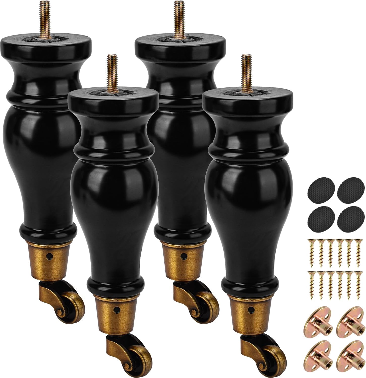 9 inch Wooden Furniture Legs with Castor, 4PCS Soild Wood Black Turned ...