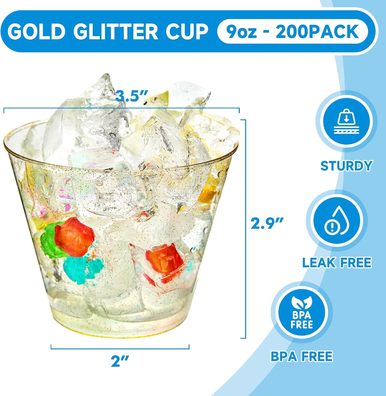 9 oz 200 Pack Gold Glitter Disposable Clear Plastic Cups for Parties ...