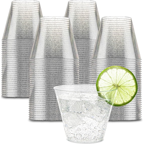 9 oz Disposable Plastic Party Cups, Retro Style Silver Glitter Tumblers ...