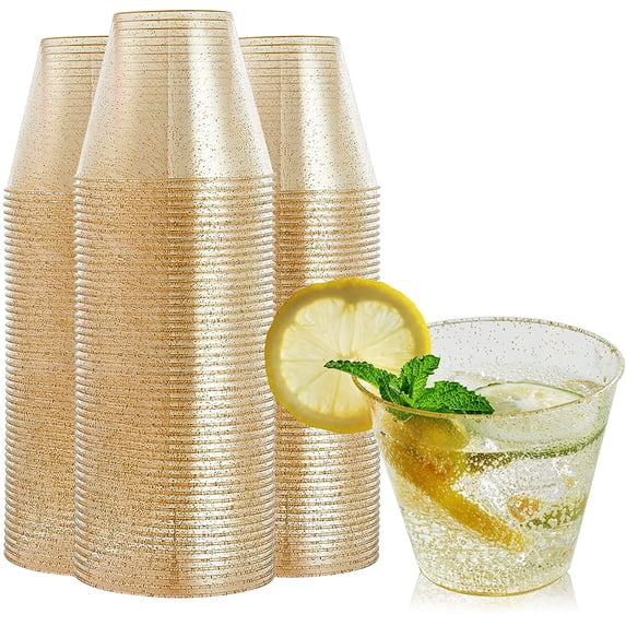 9 oz Gold Plastic Cups, Disposable Clear Fancy Hard Plastic Cups, Gold ...