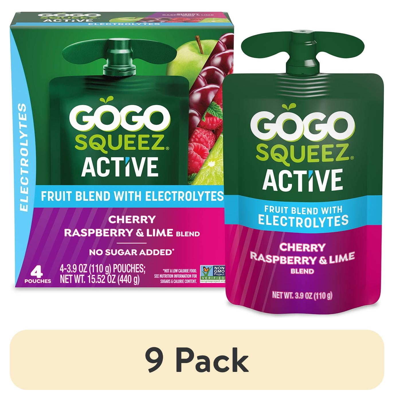 (9 pack) GoGo squeeZ Active Electrolyte No Sugar Added Cherry Lime Raspberry Fruit Blend Pouches ...