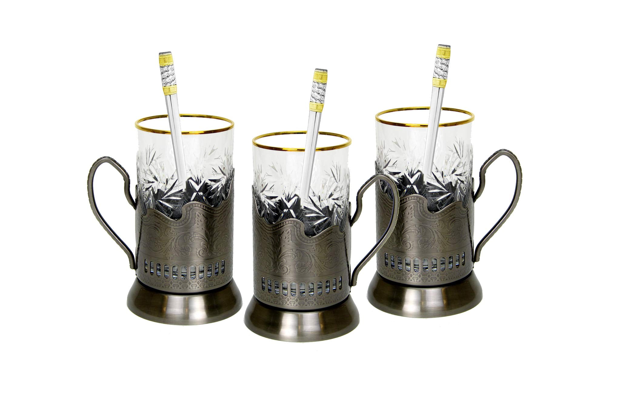 9-pc Tea Set, 24 Karat Gold Banded Tempered Crystal Glasses with Metal ...