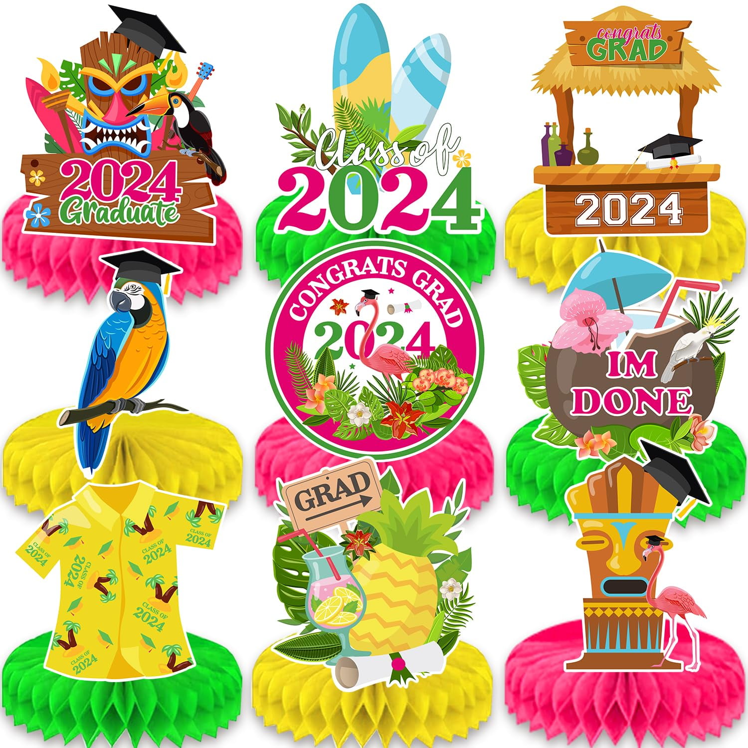 9 pcs Hawaiian Aloha Graduation Party Decorations 2024 Honeycomb ...