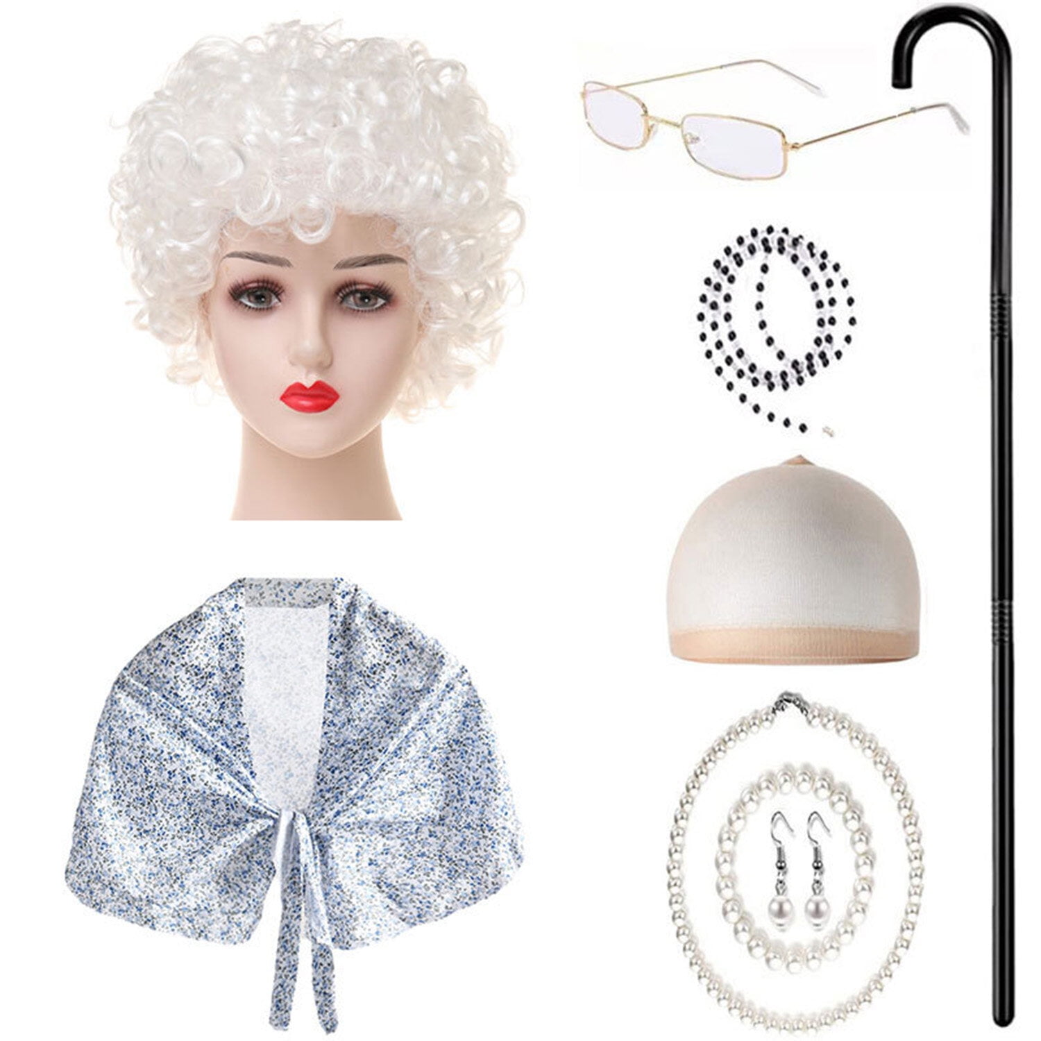 9 pcs Old Lady Costume for Kids,100 Days of School Costume Old Lady Wig ...