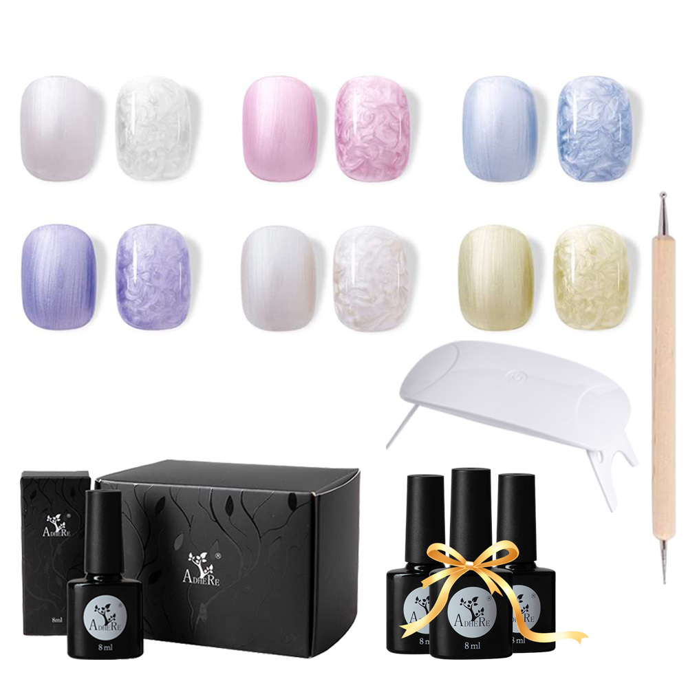 9 pcs Swirl Thread Gel Nail Polish Set with UV Lamp, Pearl White Nail ...