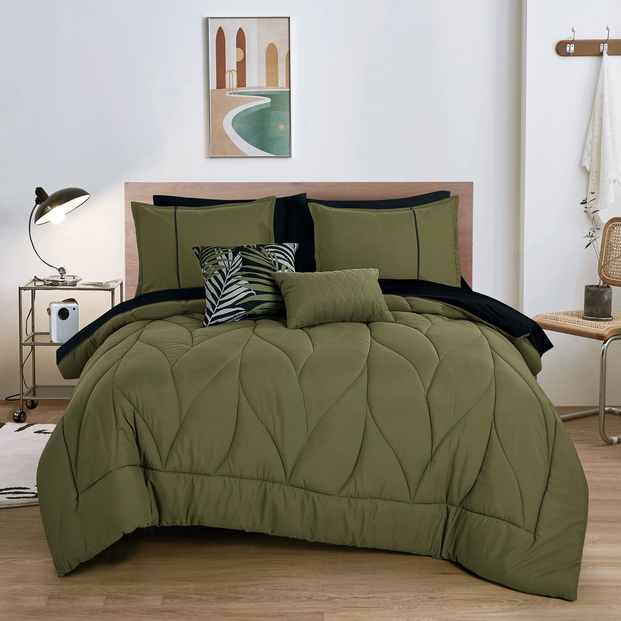 Bed-in-a-Bag 9-pieces Puja Olive Green Comforter and Sheet Set, Bed in ...