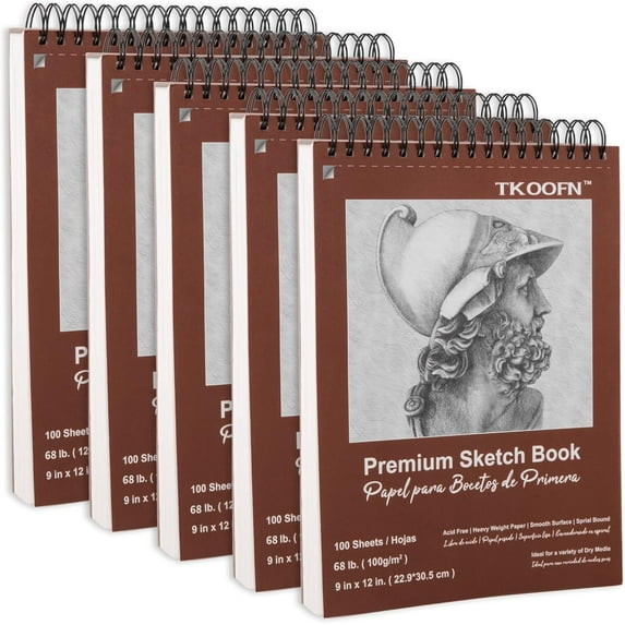 9" x 12" Sketch Book, 5 Pack Top Spiral Bound Premium Sketchbook (68lb/100gsm), 500 Sheet Total ...