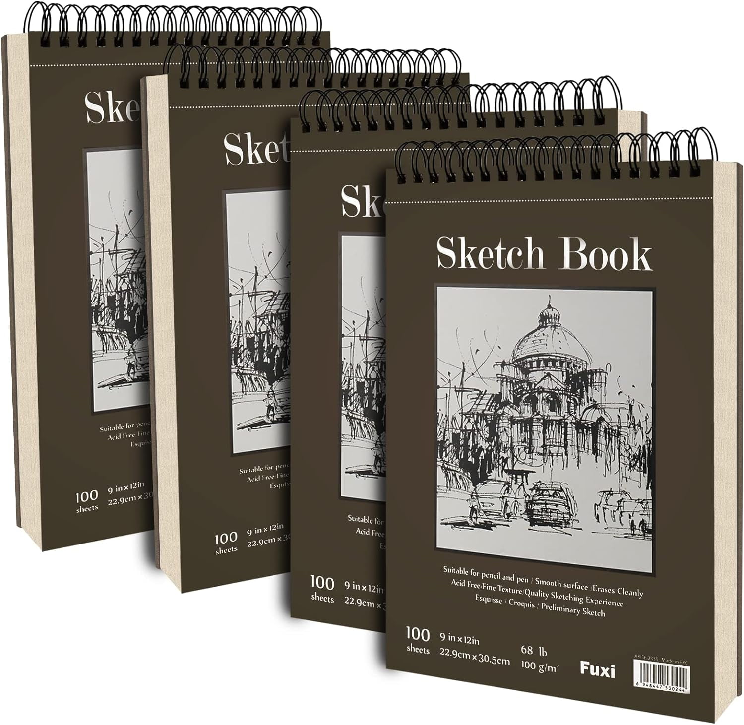 9 x 12 inches Sketch Book, Top Spiral Bound Sketch Pad, 4 Pack 100-Sheets Each (68lb/100gsm ...