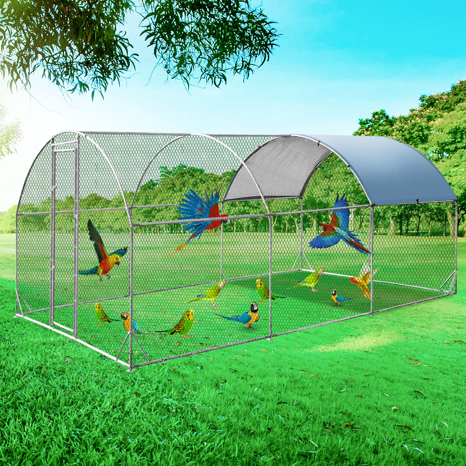 9' x 19' x 6.5' Large Metal Chicken Coop with Run for 20 Chickens ...