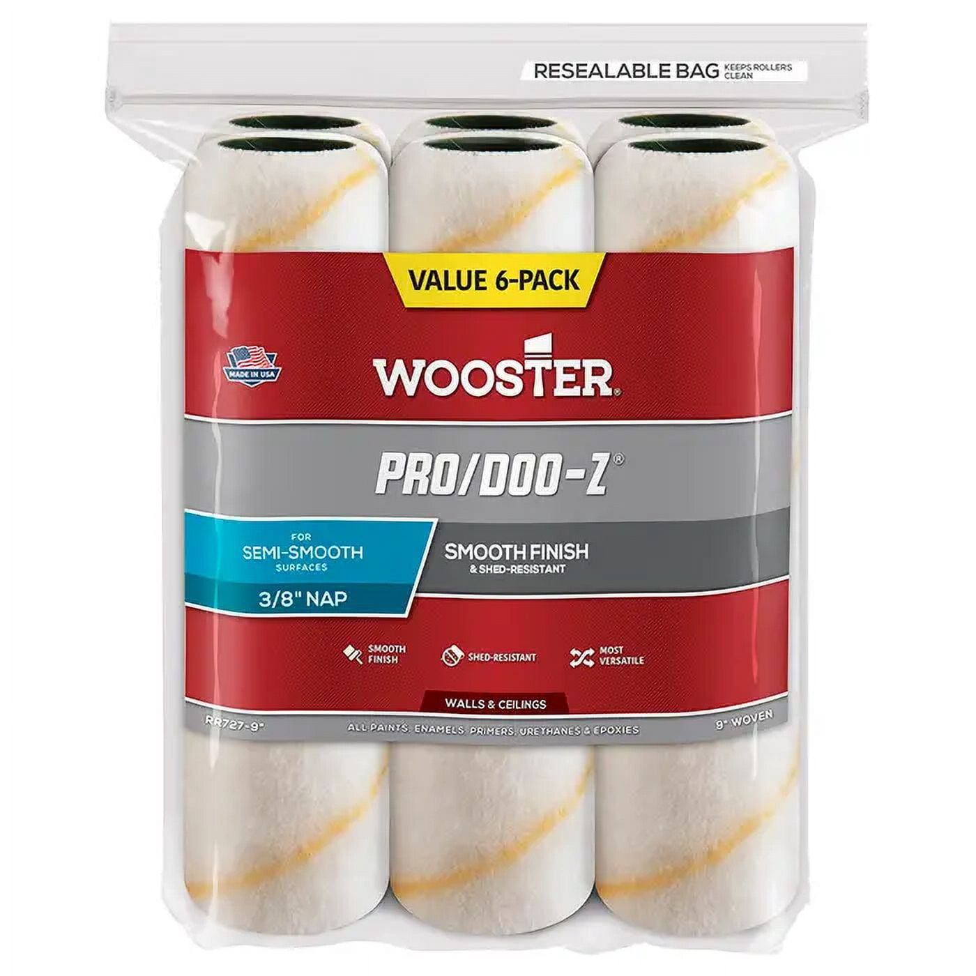 9 x 3/8 Nap Wooster RR727 Pro/Doo-Z Professional Woven Roller Cover, 6 ...