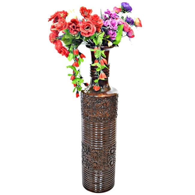 9 x 36 in. Round Antique Decorative Wood Mango Floor Flower Vase with ...