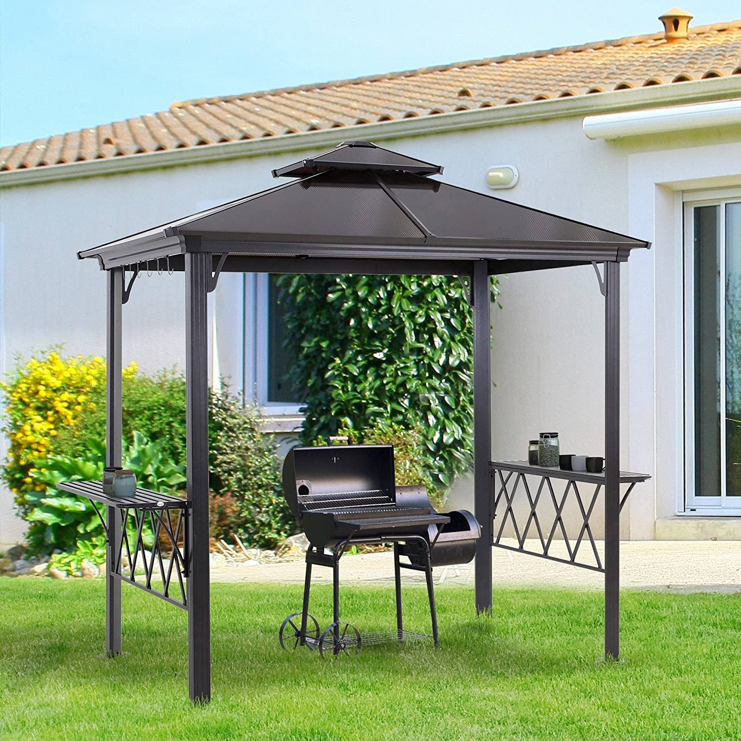 9' x 5' Hardtop BBQ Gazebo with 2-Tier Polycarbonate Roof, Shelves, Hooks and Serving Tables for ...