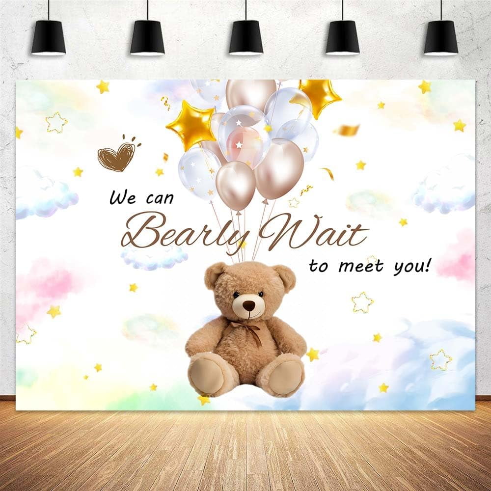 9 x 6 ft Blue We Can Bearly Wait Backdrop Boho Cute Bear Baby Shower ...
