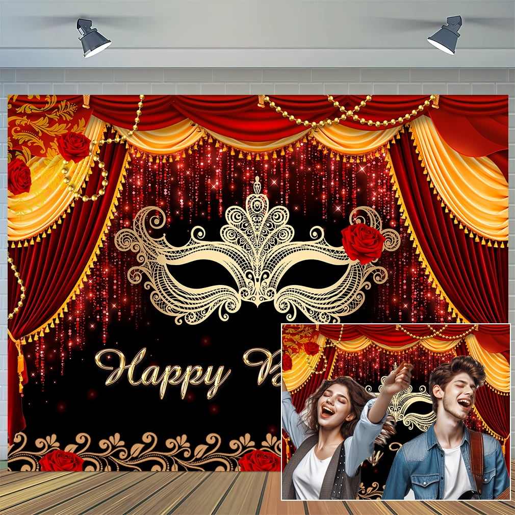9 x 6 ft Mardi Gras Happy Birthday Backdrop, Gold Mask Red Curtains ...