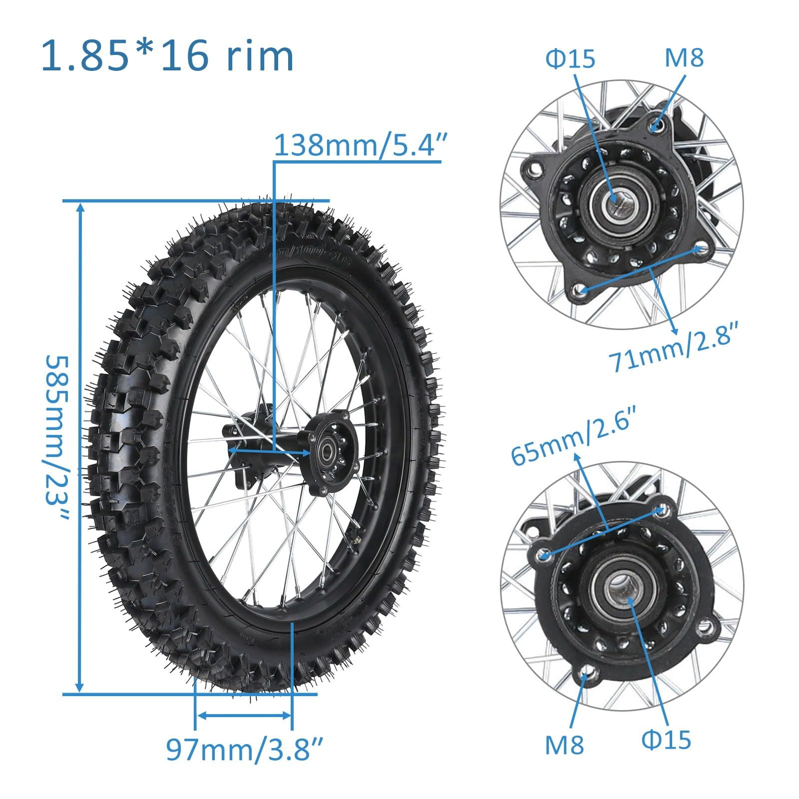 90/100-16 inch Rear Wheel Tire and Rim 15mm Bearing + 428 43T 76mm ...