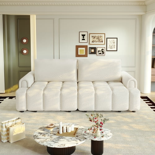 90.2" 4-Seater Modern Teddy Fabric Couch, King Size 3-in-1 Convertible ...
