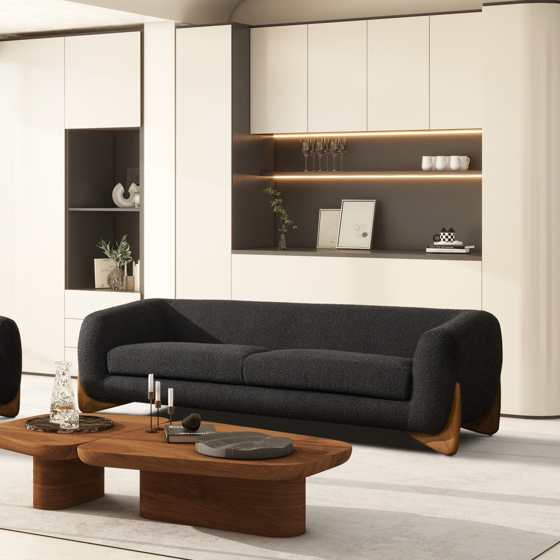 90.5" Boucle Modern Minimalist Sofa with Round Arm, Wooden Legs, Comfy ...