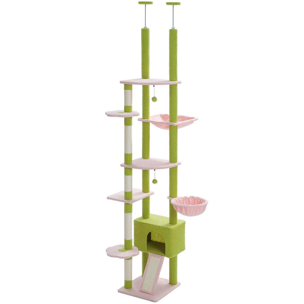90.5 in.-100.4 in. Pink Tall Cat Tree Floor to Ceiling Cat Tree Tower ...