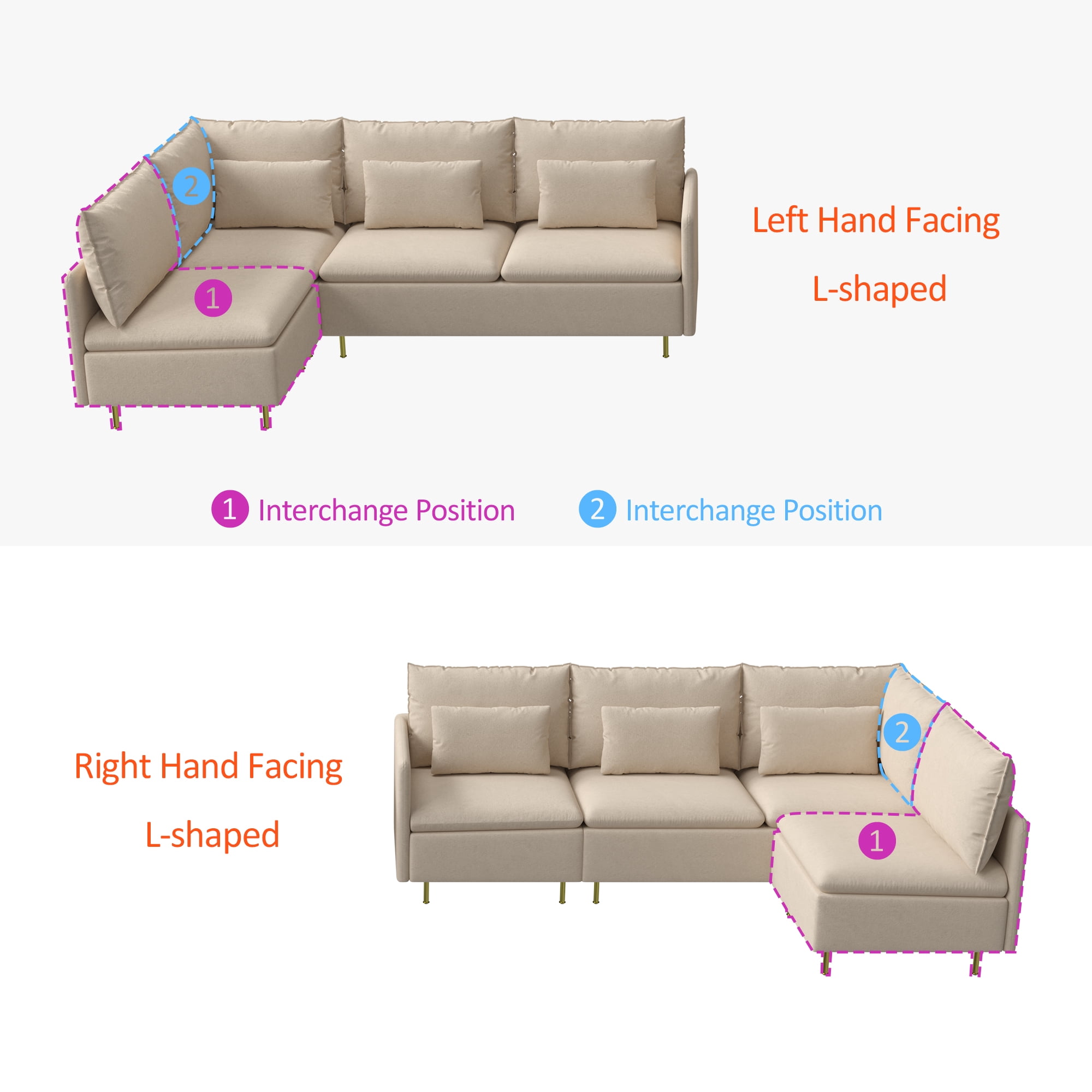90.9"Modular L-shaped corner sofa, movable chaise facing left/right ...