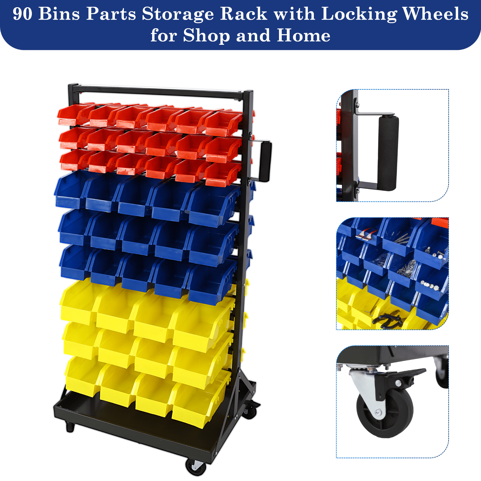 90-Bin Parts Storage Rack Nut Bolts Organizer with Locking Wheels Ship ...