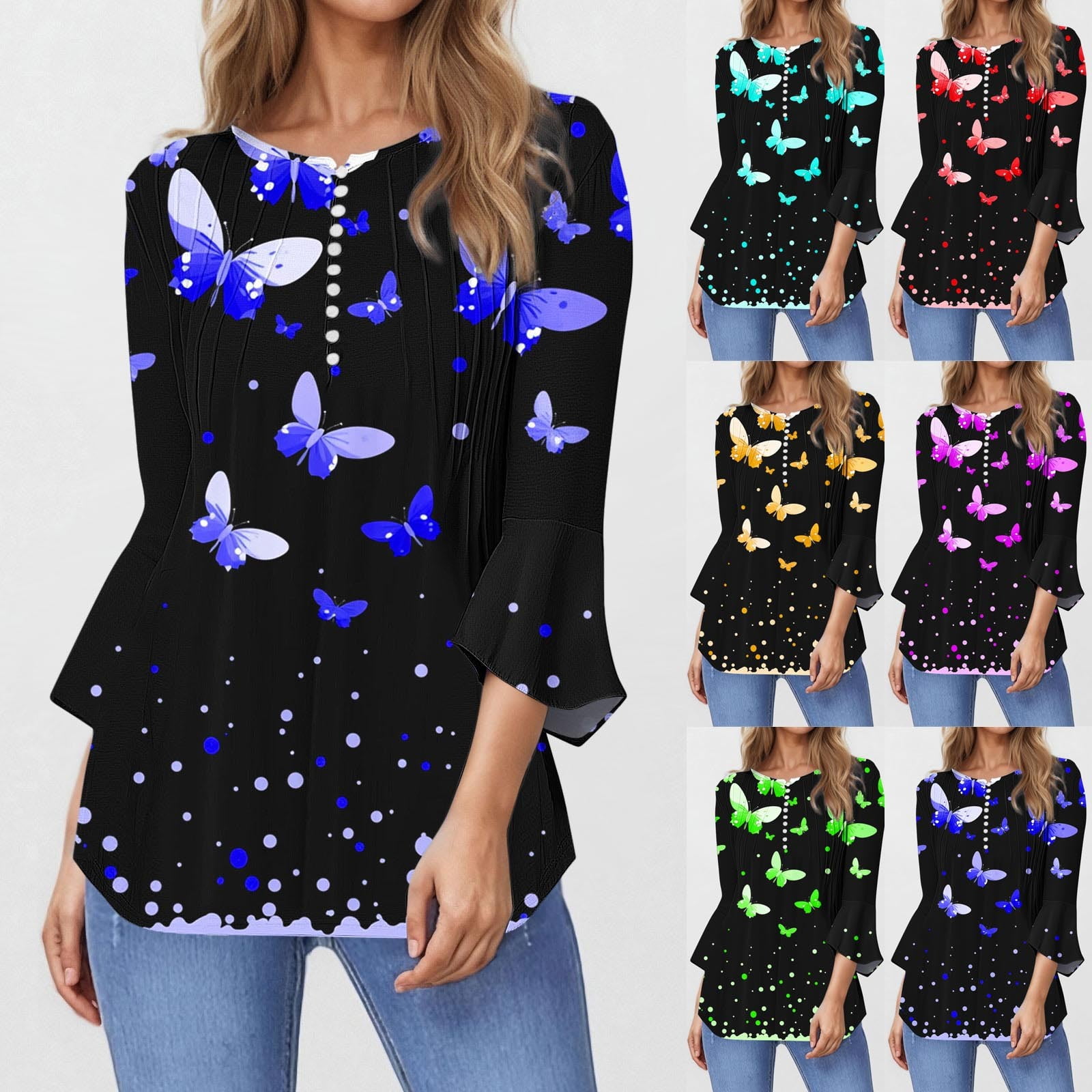 90% off Clearance Sale BiZtdJrK Work Blouses for Women 2025 Fashion Butterfly Print Henley Shirt ...